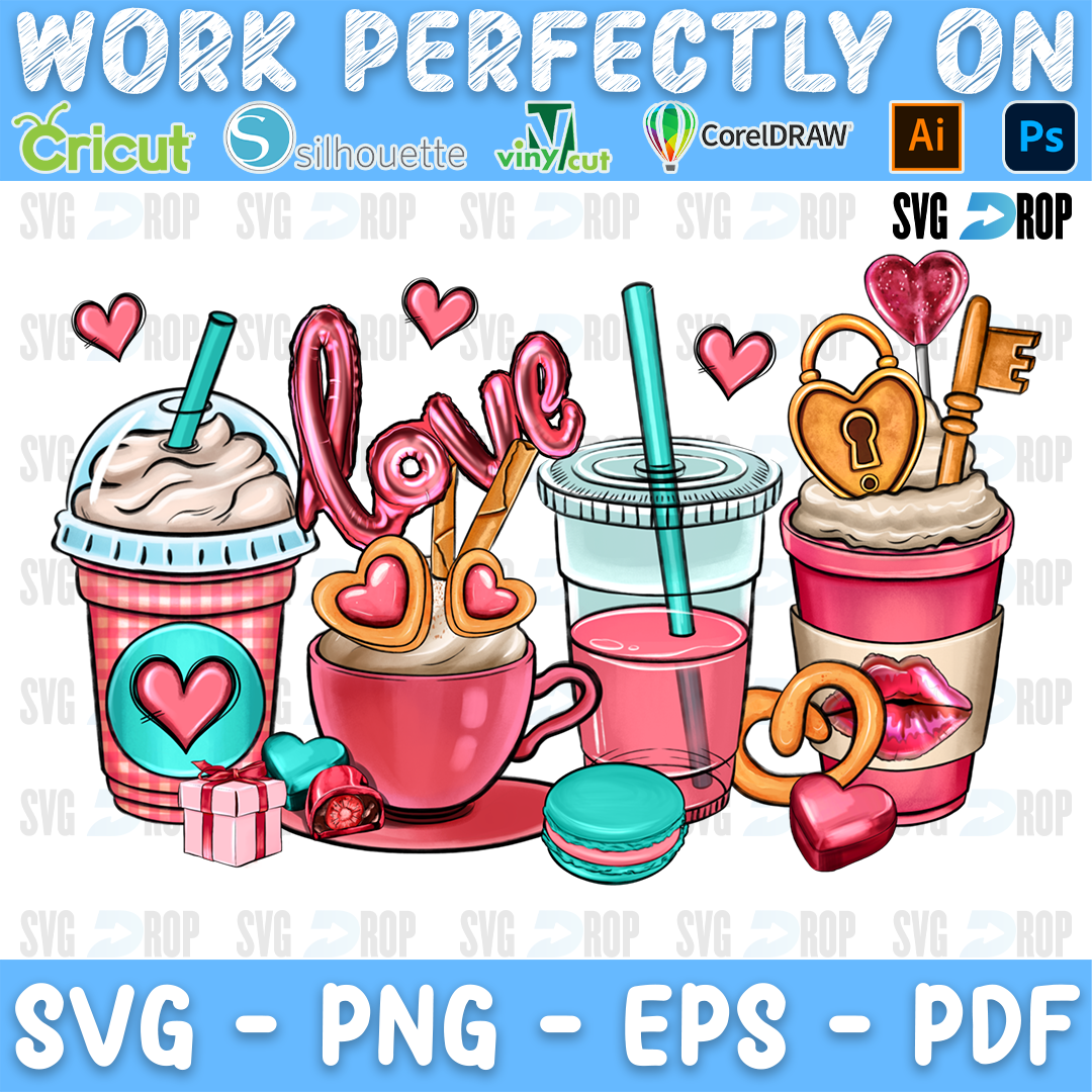 Valentines Day Coffee Cups PNG | SVG DROP